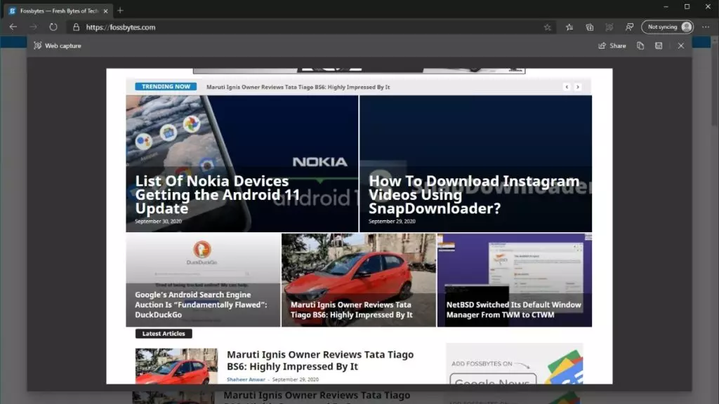 Pantalla de vista prèvia de Microsoft Edge Web Capture