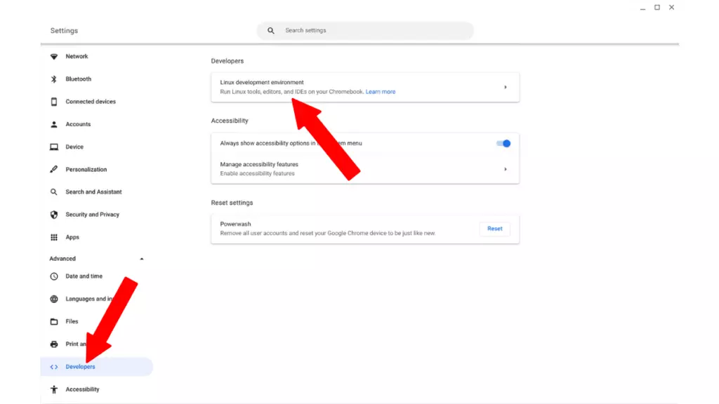 Chrome OS ସେଟିଂସମୂହ, ବିକାଶକାରୀ, ଲିନକ୍ସ ବିକାଶ ପରିବେଶ |