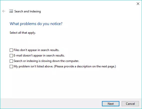 Windows 10 Offer datrys problemau 15 chwilio a mynegeio