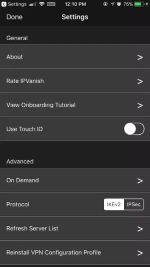 Is-settings tal-app ios IPVanish