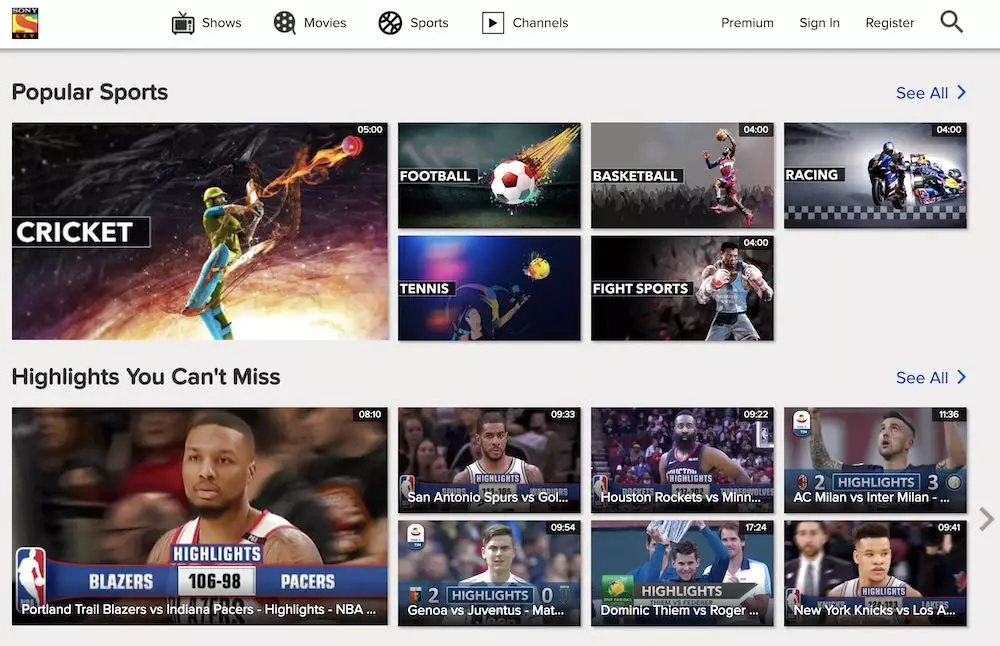 Streaming sportivo del sito desktop sony liv