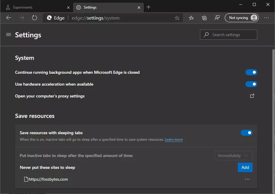 Microsoft Edge Sleeping Tabs ezarpenak