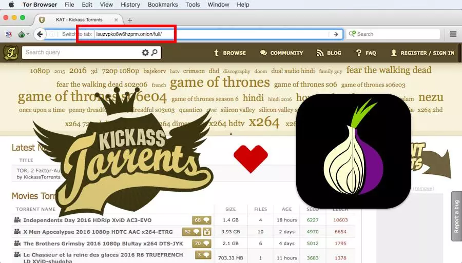 “KickassTorrents” garaňky web sahypasyna girýär, TOR-yň resmi görnüşini alýar .Onion URL
