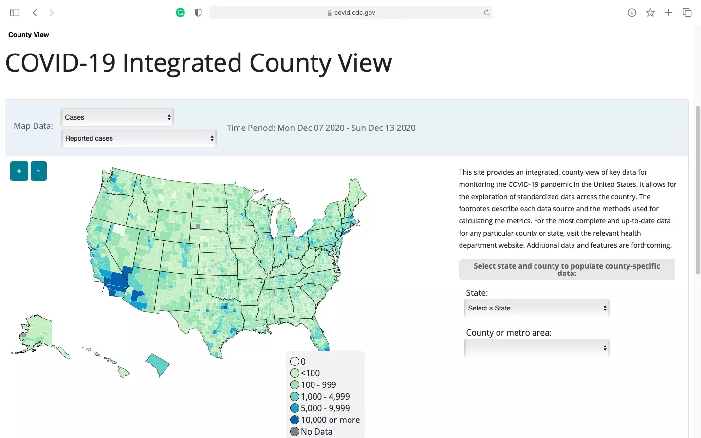Képernyőkép a CDC COVID adatkövetőről