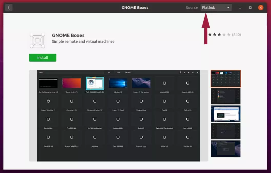 Flatpak-toepassing in GNOME-sagtewaresentrum met bronetiket na Flathub