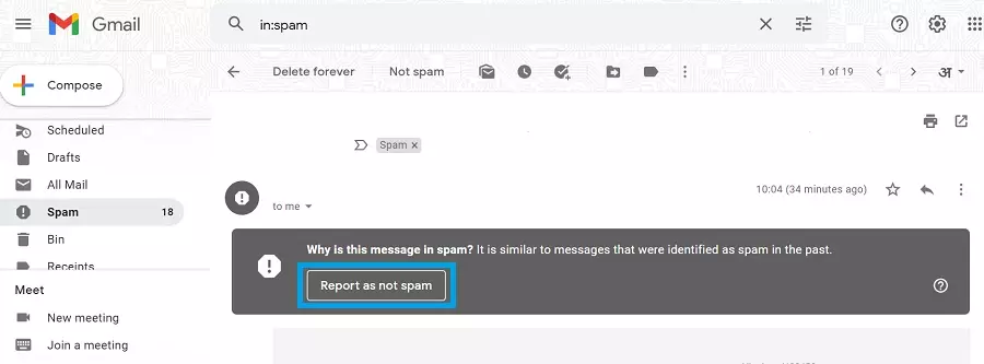 gmail'да спам түгел дип хәбәр итегез