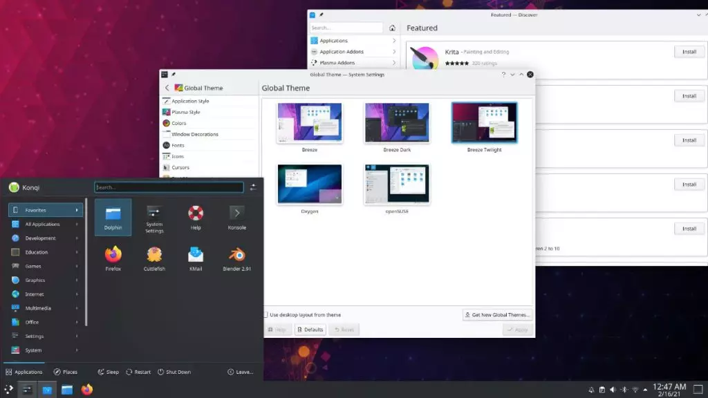 Plasma 5.21 ရှိ Breeze Twilight အပြင်အဆင်