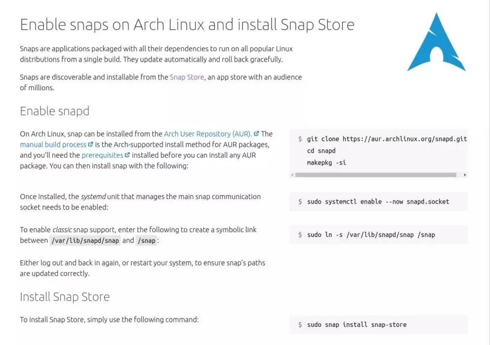 instalējiet snap veikalu vietnē Arch