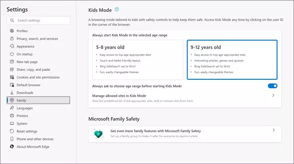 MS Edge Kids Mode Settings