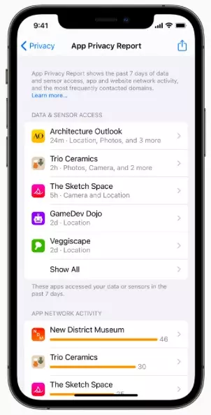 iOS 15 개인 정보 보호 기능의 앱 개인 정보 보고서