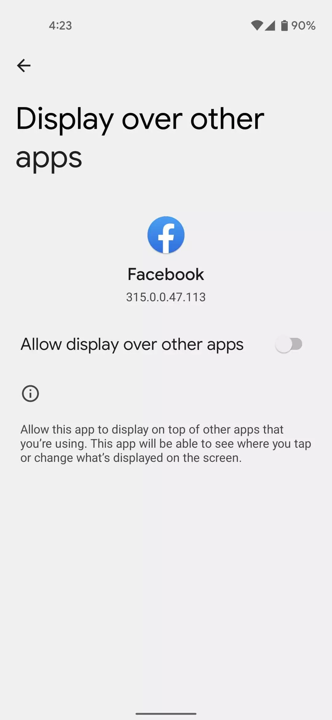 Facebook menghentikan tampilan di atas aplikasi lain