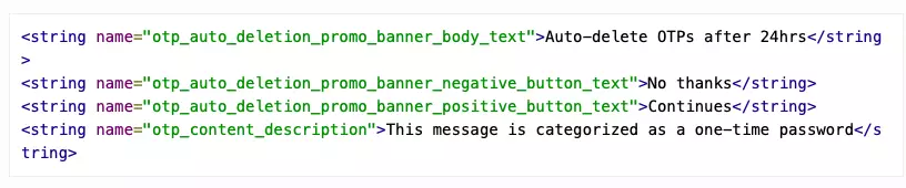 Der String zeigt, dass Google Messages OTPs nach 24 Stunden löschen kann