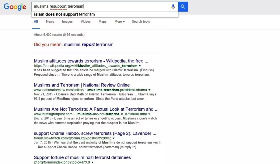 غوغل يخطئ حقًا: من "المسلمون يدعمون الإرهاب" إلى "الإسلام لا يدعم الإرهاب"